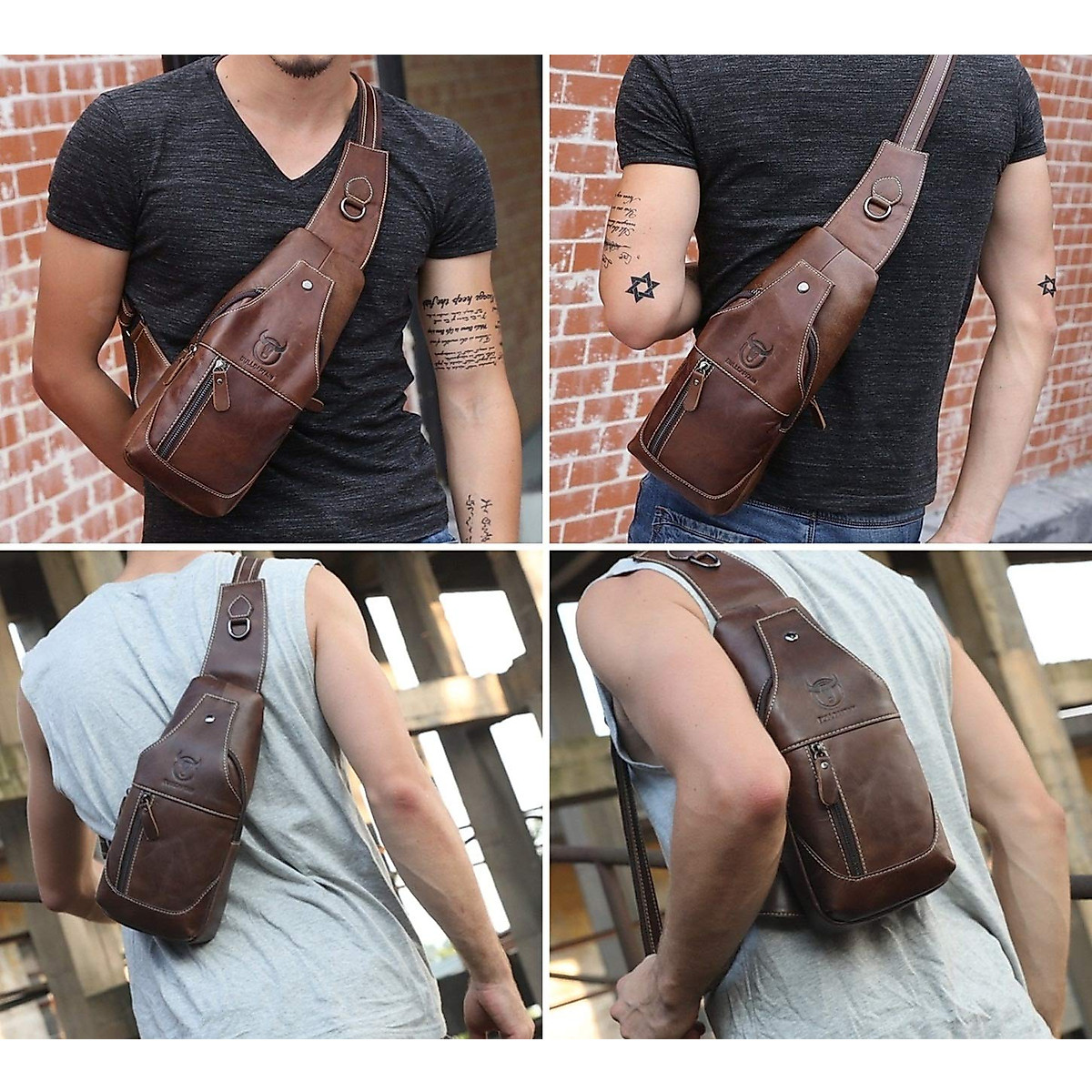 BULLCAPTAIN Genuine Leather Men Sling Crossbody Bag Multi-pocket Chest Bag Casual Travel Hiking Sling Backpack with Earphone Hole (Brown)