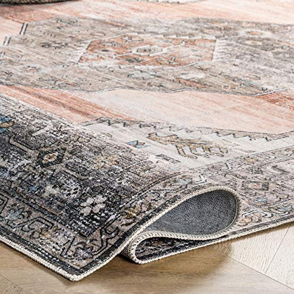nuLOOM Gracie Distressed Medallion Machine Washable Area Rug, 8' x 10', Peach