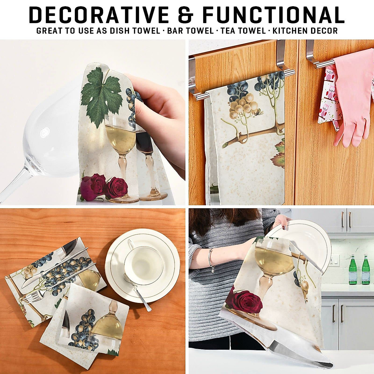 BOENLE Wine Grape Cluster Rose Flower Kitchen Towels Set of 4, Absorbent Microfiber Dish Hand Towel Farmhouse Quick Dry Cleaning Cloth Tea Towels Dishcloths