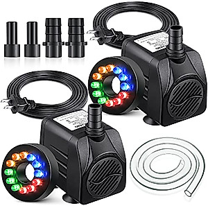 2 Pack 15W 220GPH Submersible Fountain Water Pump with 12 LED Lights, Aquarium Fish Tank Water Pump with 13mm and 8mm Spray Nozzles 9.8ft Tubing for Water Feature Pond Home Fountain Statuary Gardens