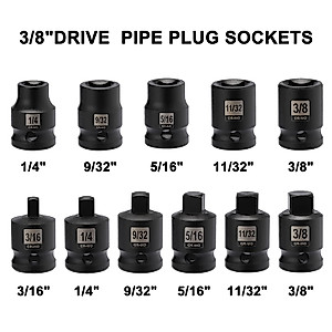 Mayouko 11PCS 3/8" Drive SAE Pipe Plug Socket Set, Tapered Male Square Drive, Chamfered Female Square Drive, CR-MO