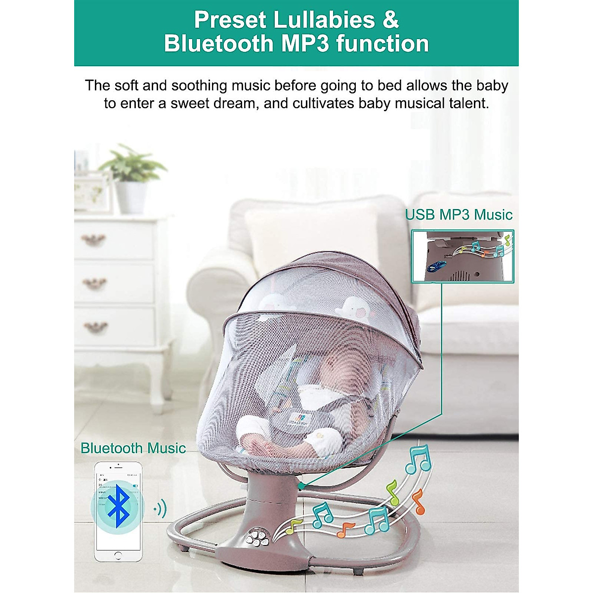 Electric Baby Swing Baby Cradle Infant Bouncer Baby Portable Adjustable Motorized Rocker with Bluetooth Music Speaker and 5 Swaying Gears Preset Lullabies and Smooth Remote Control (Pink)