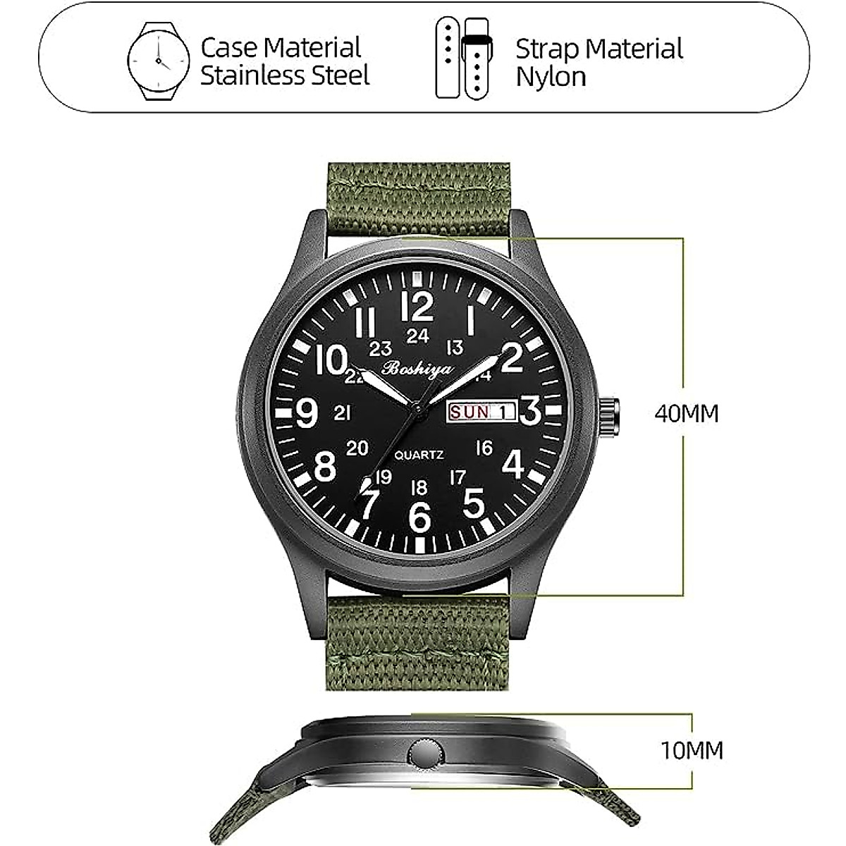 BOSHIYA Men's Military Tactical Field Watches Outdoor Sports/Work Watch Waterproof Analogue Quartz Watches Minimalist Lightweight Nylon Watch - Imported Japanese Movement/40mm Waterproof/Date Display