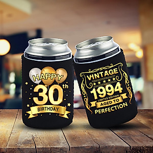Greatingreat 30th Birthday Can Cooler Sleeves Pack of 12-30th Anniversary Decorations- Vintage 1994-30th Birthday Party Supplies - Black and Gold Thirtieth Birthday Cup Coolers