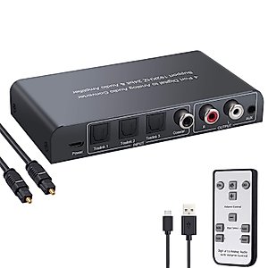 LiNKFOR DAC Converter 192kHz Digital to Analog Audio Converter 3 Optical SPDIF Toslink + 1 Coaxial Switch to Analog Stereo L/R RCA 3.5mm Audio Adapter Support Volume Control/Mute/Power ON or OFF by