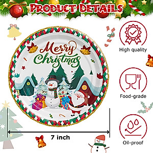 AFZMON 50 Pack Christmas Party Plates Dessert Paper Dinnerware Plates, 7 Inch Snowman Santa Gift Box Wooden Cottages Theme Disposable Round Plate for Xmas Holiday Party Supplies