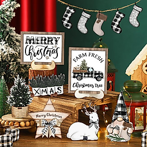 FairySandy 13 Pcs Christmas Tiered Tray Decor Set Xmas Black and White Plaid Gnome Wooden Tabletop Signs Elk Gnome Truck Rustic Farmhouse Winter Decorative Trays Cozy Christmas Decor for Home Kitchen
