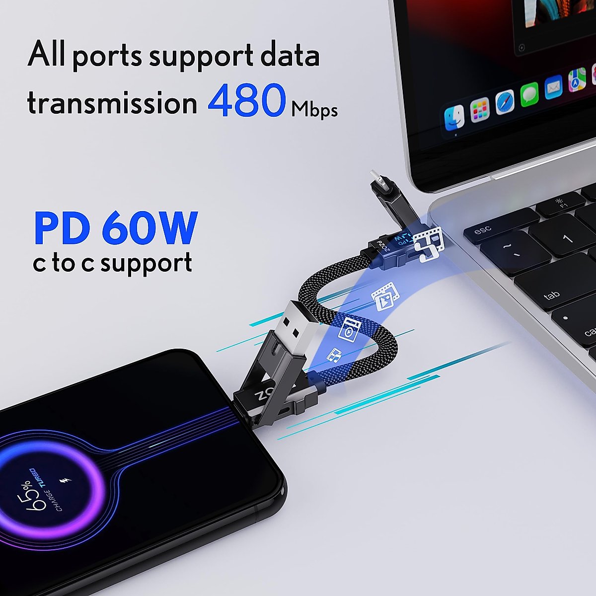 pzoz Multi Charging Cable Keychain Charger Cable with LED Display, 4-in-1 Multi USB C Fast Charging Combo Lightning/Type C/USB A/USBC for iPhone iPad MacBook AirPods Samsung Google (60W, 7.3 inchs)
