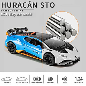 1:24 Alloy Diecast Car Model for Lamborghini Huracan STO 2021 Toy Car, Pull Back Vehicles Model Cars Toy for Kids 3 to 12 Years Old Gift Adult Collection Car Model with Light & Sound (Vibrant Blue)
