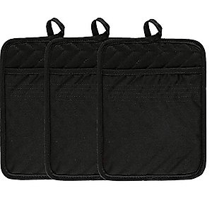Vedoda Oven Pot Holders with Pockets,3 Sets,7"x9" Hot Pads Potholders,for Cooking Grilling Barking in Restaurant Cafe,Heat Resistant Coaster Gloves (Black)