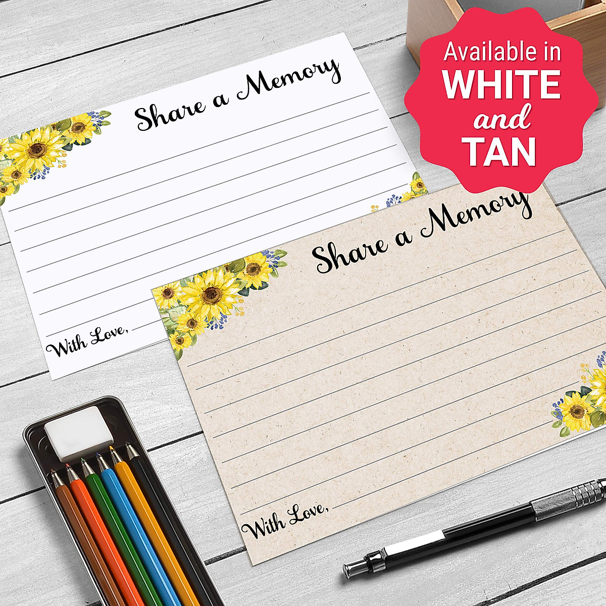 321Done Share a Memory Card (50 Cards) Sunflower Large, 4" x 6" for Celebration of Life Birthday Anniversary Memorial Funeral Graduation Bridal Shower Game - Made in USA - White