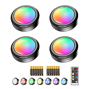 LOINSGLIM Puck Lights with Remote,7 Colors Under Cabinet Lighting Wireless,Battery Operated RGB LED Lights Dimmable, Push Lights for Closet,Kitchen,Under Counter Lights Bar Display Shelf (4pack)