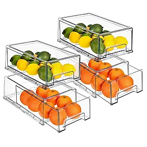 Sorbus Clear Stackable Fridge Drawer Bins - Pull Out Refrigerator Organizer Containers for Kitchen Storage (4 Pack | Medium)