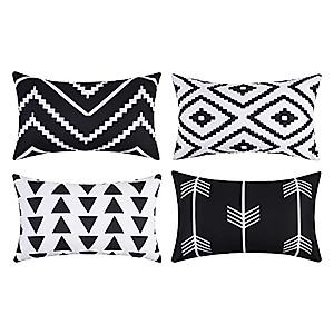 Adabana Set of 4 Outdoor Waterproof Boho Throw Pillow Covers 12x20 Inches,Black and White Geometric Lumbar Pillow Coves Decorative Cushion Cases Outdoor Throw Pillows for Patio Furniture Garden