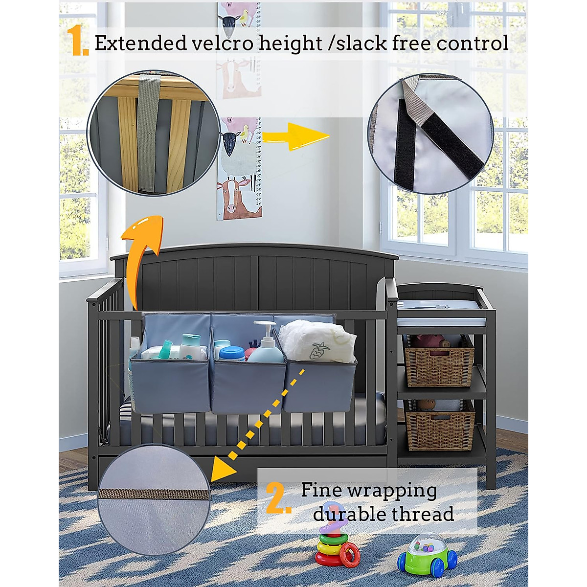 Ruyahort Hanging Diaper Caddy Organizer Sturdy and Durable Baby Organizer –Diaper Stacker for Changing Table, Crib, Playard or Wall-GREY