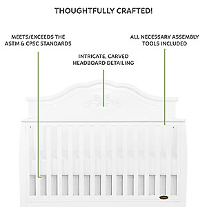 SweetPea Baby Jasmine 4-in-1 Convertible Crib in White, 3 Mattress Height Settings, Greenguard Gold Certified, Metal Mattress Support, Solid New Zealand Pinewood