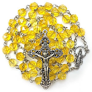 GeekTenet Rosary Beads Chaplet Yellow Rhombus Natural Crystal Rosery Cross Catholic gifts (Yellow)