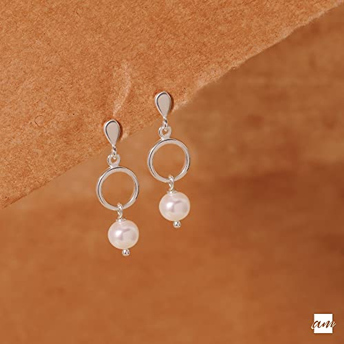 Amberta Women 925 Sterling Silver Freshwater Pearl Earrings: 5 mm Silver Pearl Drop Earrings - Silver