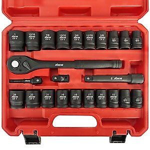 AMM 1/2" Drive Master Impact Socket Set, 24-Piece Shallow Standard SAE (7/16-Inch to 1-Inch) & Metric (13-24 mm) Sizes, Socket Assortment with Ratchet Handle，Cr-V Steel