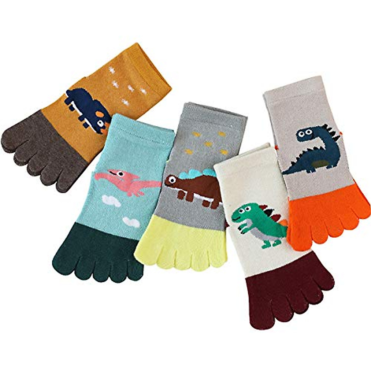 Petyoung 5 Pair Kids Toe Socks, Cartoon Five Finger Crew Ankle Sock Breathable Running Toe Socks for 0-10Y Boys and Girls