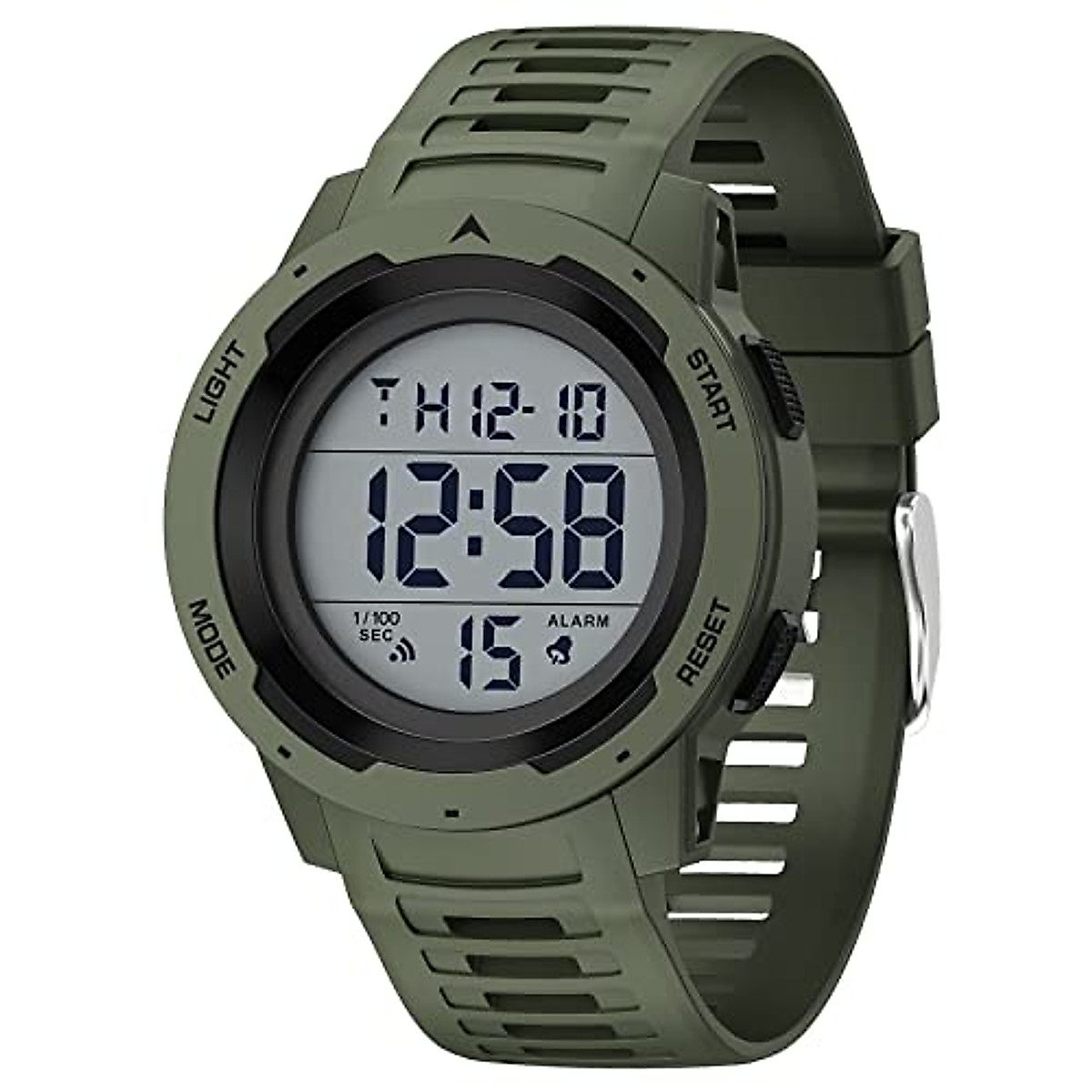 GOLDEN HOUR Mens Waterproof Digital Sport Watches Wide Screen Easy Read Display Military Style with Green Rubber Strap