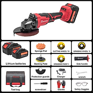 SARRED Brushless Angle Grinder 5 & 4-1/2 inch Cordless Power Grinder Grinding Tool with 2 3.0Ah Battery,7/8-Inch Arbor,Includes 16 Grinding Wheels