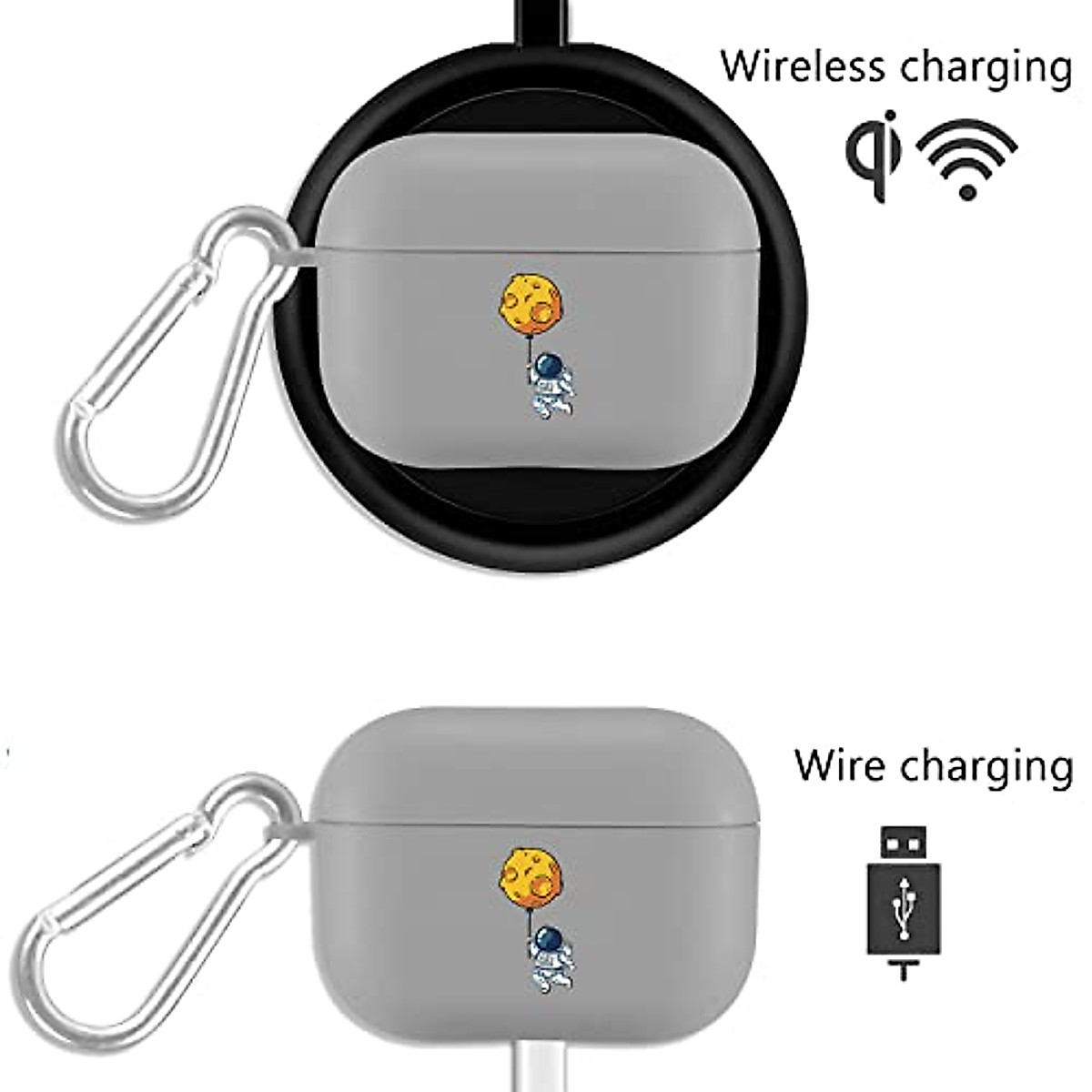 Cartoon Planet Astronaut Pattern Airpods Pro Case,Gray Design Cosmic Airpods Pro Cover Soft TPU Protective Compatible with Apple AirPods Pro Wireless Charging Case with Lanyard(Gray&Planet Astronaut)