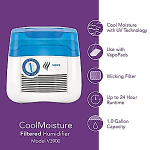 Vicks V3900 Cool Mist Humidifier, Medium Room, Humidifier for Baby and Kids Rooms, Bedrooms and More