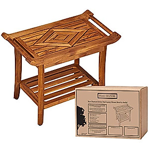 Luxury Teak Shower Bench Stool Seat Chair with Leveling Feet, Waterproof, Teak Oil Finish, Large, 25x19x14, for Bathroom, Spa, Sauna, Pool Deck, Patio, Garden, RV, from Our Diamond Collection