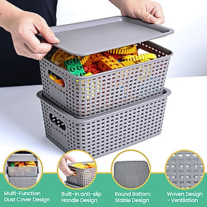 Plastic Storage Baskets with Lid-Plastic Storage Containers Stackable Storage bins: Storage Baskets for Organizing Shelves Drawers Desktop Closet Playroom Classroom Office, 8Pack-Gray,10.2x7.2x4.1Inch