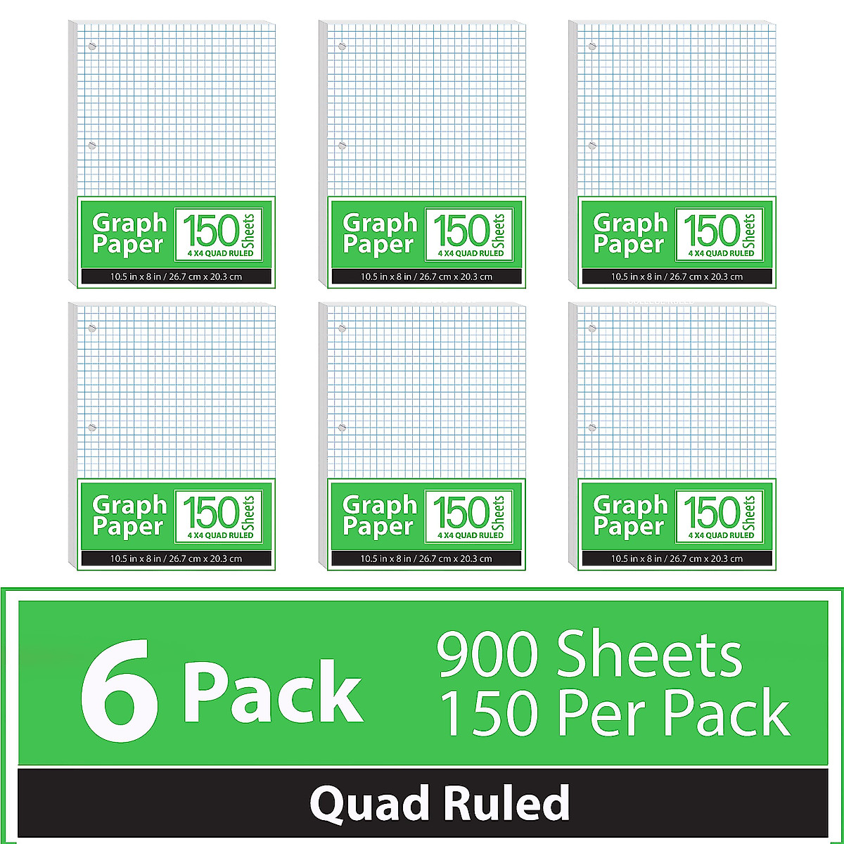 Graph Paper, Loose Leaf Graph Paper, 4 x 4 An Inch Quad Ruled Graph Paper, 10.5” x 8” Graphing Paper, 56 gsm, 150 Per Pack, 900 Sheets (6 Pack)