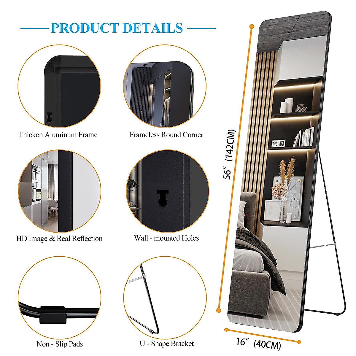 EDTEMI Floor Mirror Full Length,56"x16"Free Standing or Leaning Against Wall Mirror Full Body Mirror,Wall Mounted Hanging Mirror, Large Dressing Mirror with Stand for Bedroom Living Room(Black)