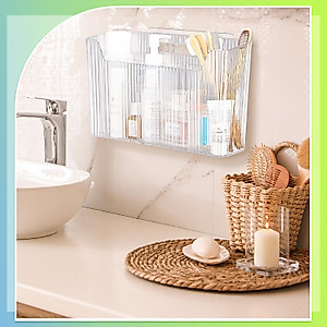 Briwooody 6 Pack Plastic Adhesive Mount Cabinet Door Organizer Bins Clear Wall Mounted Storage Organization Container Makeup Shelves Hanging Basket for Kitchen, Bathroom, Pantry, Space Saving Holder