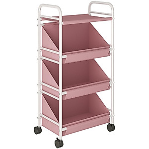 Buzowruil Utility Rolling Fabric Storage Rack Trolley Toy Rack Storage Cart Trolley with 3 Large Storage Boxes，Wheels, Suitable for Bedroom, Living Room, Entryway, Pink