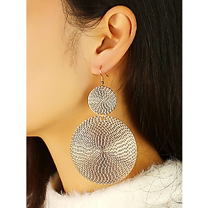 Large Double Circles Round Dangle Drop Earrings Geometric Statement Handmade Bohemian Dangling Earring Hook Studs Fashion Jewelry for Women Girls Yellow Gold (Yellow Gold)