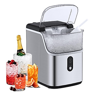 Litake Nugget Ice Maker Countertop - Chewable Pellet Ice Cubes, 35 lbs|24H Output, Stainless Steel Housing, Self-Cleaning Ice Machine with Ice Bags for Parties, Kitchen, Bar, Office, Silver