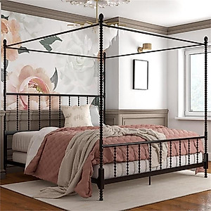 Pemberly Row King Size Canopy Bed with Headboard, Footboard, Metal Slats in Metal, in Black, No Box Spring Needed, Easy Assembly