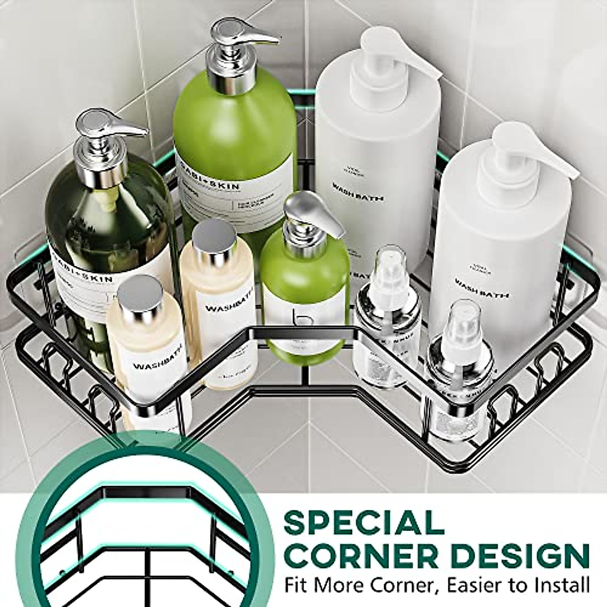 MAXIFFE Corner Shower Caddy, 5-Pack Shower Organizer, Large Capacity Stainless Steel Shower Caddy Bathroom Organizer Shower Shelves, No Drilling Rustproof Corner Shower Shelf, with 12 Hooks, Black