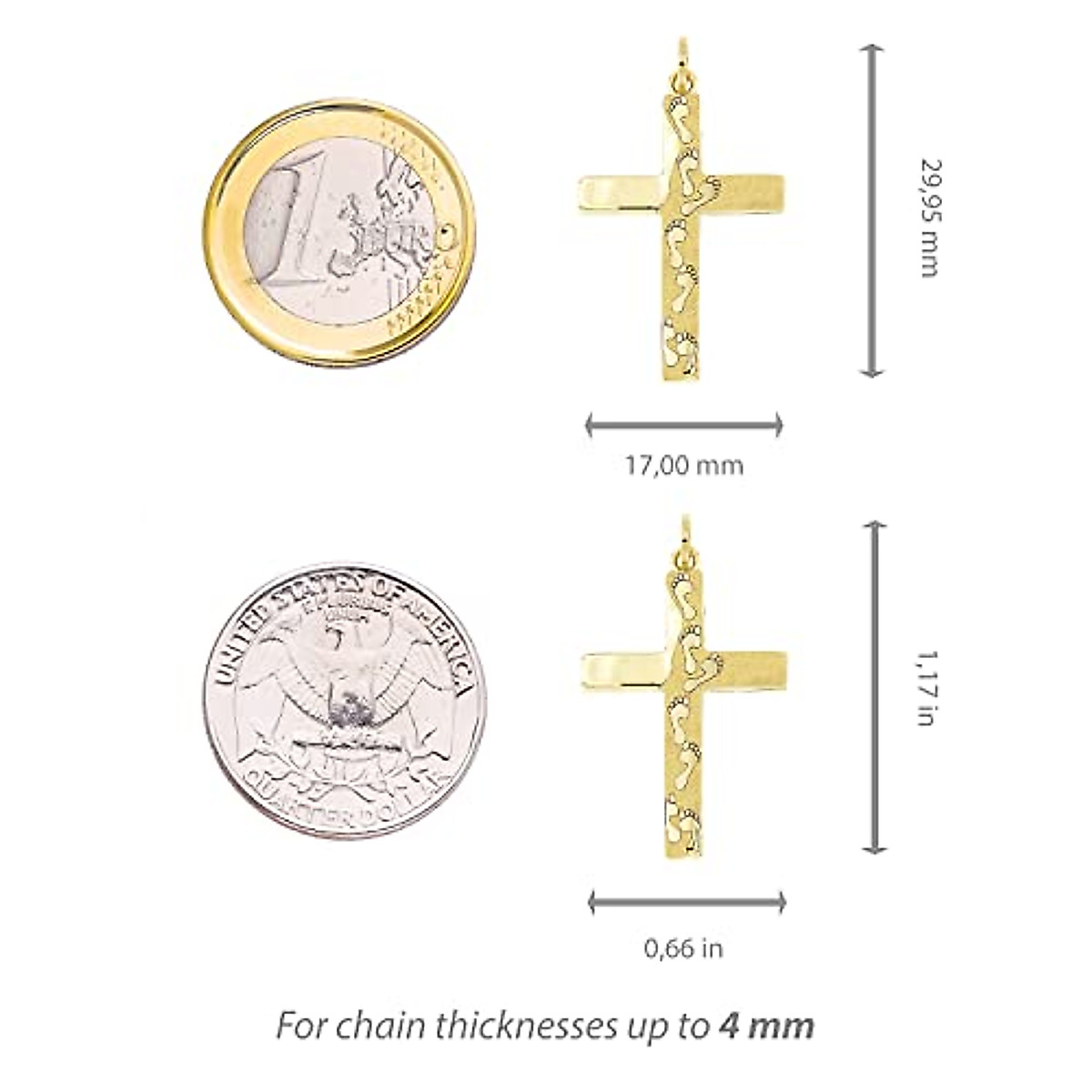 Lucchetta - Foot Prints in the Sand Yellow Gold Jesus Cross Pendant/Authentic Christian Jewelry from Italy/for Necklaces (up to 4mm)