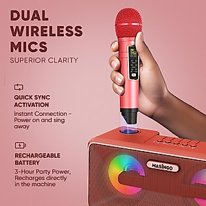 MASINGO Karaoke Machine for Adults and Kids with 2 Wireless Microphones, Portable Bluetooth Singing Speaker, Colorful LED Lights, PA System, Lyrics Display Phone Holder, and TV Cable. Presto G2 Pink