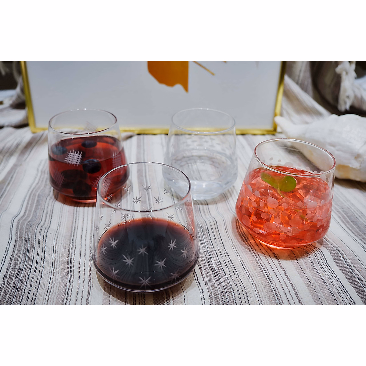 1917 Hand Blown Etched Stemless Wine Glasses set of 4-12.8oz, Wine Tumblers for Red and White Wine, Water Glasses, Drinking Glasses Gift Cup Sets