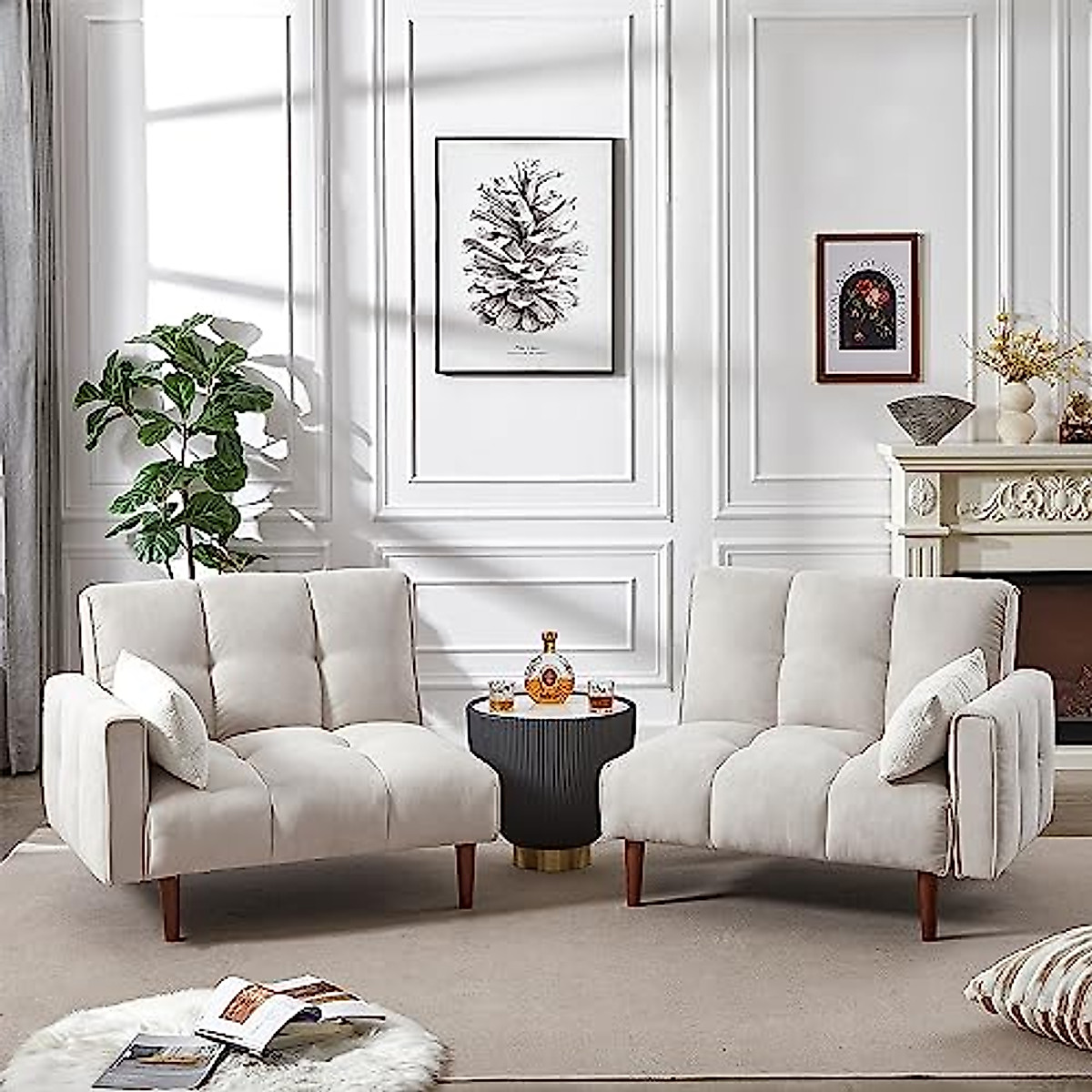 Antetek 81-inch Futon Sofa Bed, Modern Tufted Linen Fabric Convertible Sleeper Sofa Couch, Oversized Loveseat Sofa with 3 Adjustable Positions and 8 Wooden Legs for Living Room Office, Beige