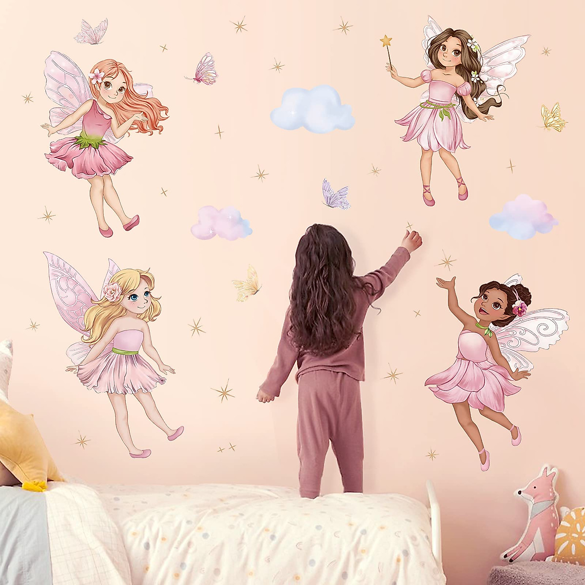 wondever Fairy Wall Stickers Elves Butterfly Girls Peel and Stick Wall Art Decals for Girls Bedroom Kids Room Baby Nursery