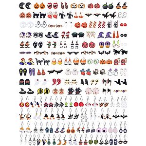 Sasylvia 120 Pairs Halloween earrings Sets Halloween Studs earrings Bulk Bat Cat Witch Stud earrings Set Spider Web Pumpkin Skull earrings Drop Halloween Jewelry for Women Girls for Party