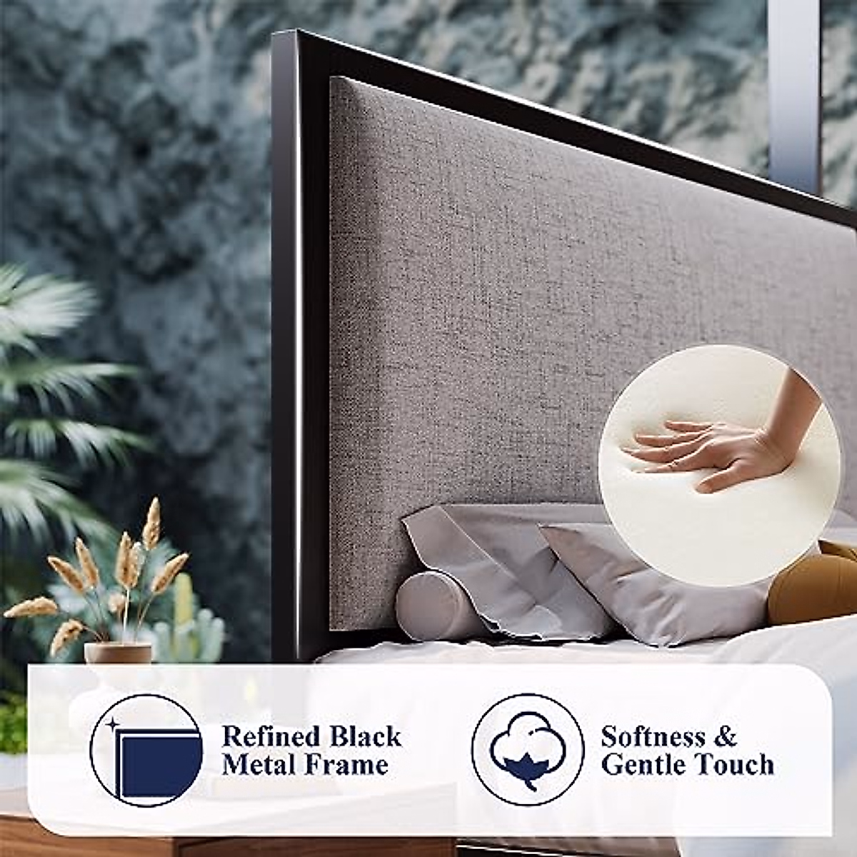 Allewie Full Size Bed Frame with 47'' Tall Upholstered Headboard, High Metal Bed Frame with 12'' Under-Bed Storage Space/Wood Slats Support/Easy Assembly/No Box Spring Need/Noise-Free/Grey