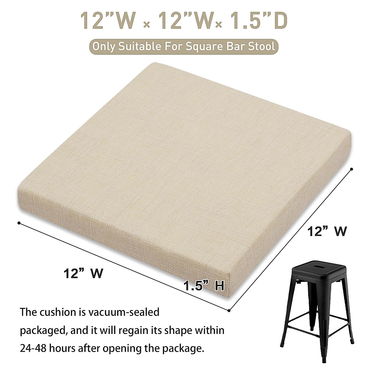 baibu 12 Inch Stool Cushion Square with Ties, Non-Slip Bar Stool Square Seat Cushion with with Machine Washable Cover - One Pad Only, Beige (12" (30CM))