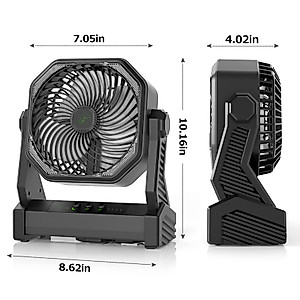Gewanolla Camping Fan with LED Light, 20000mAh Rechargeable Battery Operated Camp Fan with Hook, 270° Pivot, 4 Speeds, USB Table Fan for Camping, Fishing, Power Outage, Barbecue, Jobsite
