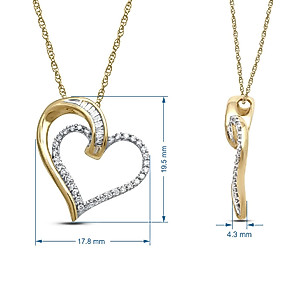 Jewelili 10K Yellow Gold 1/4 Cttw Natural White Baguette and Round Diamond Heart Pendant Necklace, 18" Rope Chain