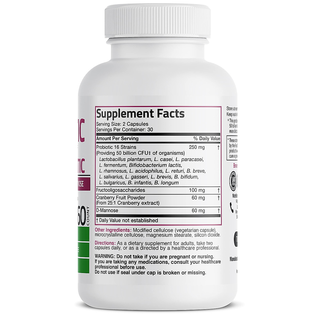 Bronson Women's Probiotic 50 Billion CFU + Prebiotic with Cranberry & D-Mannose – Vaginal Health, Healthy Digestion, Immune Function and Urinary Tract Support, Non-GMO, 60 Vegetarian Capsules