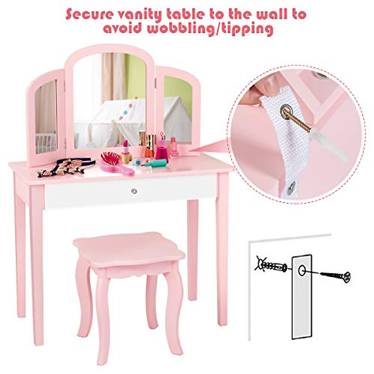 KOTEK Kids Vanity Set w/Tri-Folding Mirror, Princess Makeup Dressing Table w/Detachable Top & Drawer, 2-in-1 Vanity Table and Chair Set, Pretend Beauty Play Vanity for Girls (Pink)